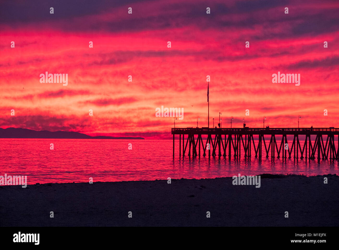 United States, California, Ventura, pier, sunset, Santa Cruz Island ...