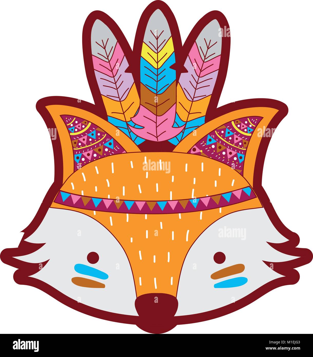 line color cute fox head animal with feathers vector illustration Stock ...
