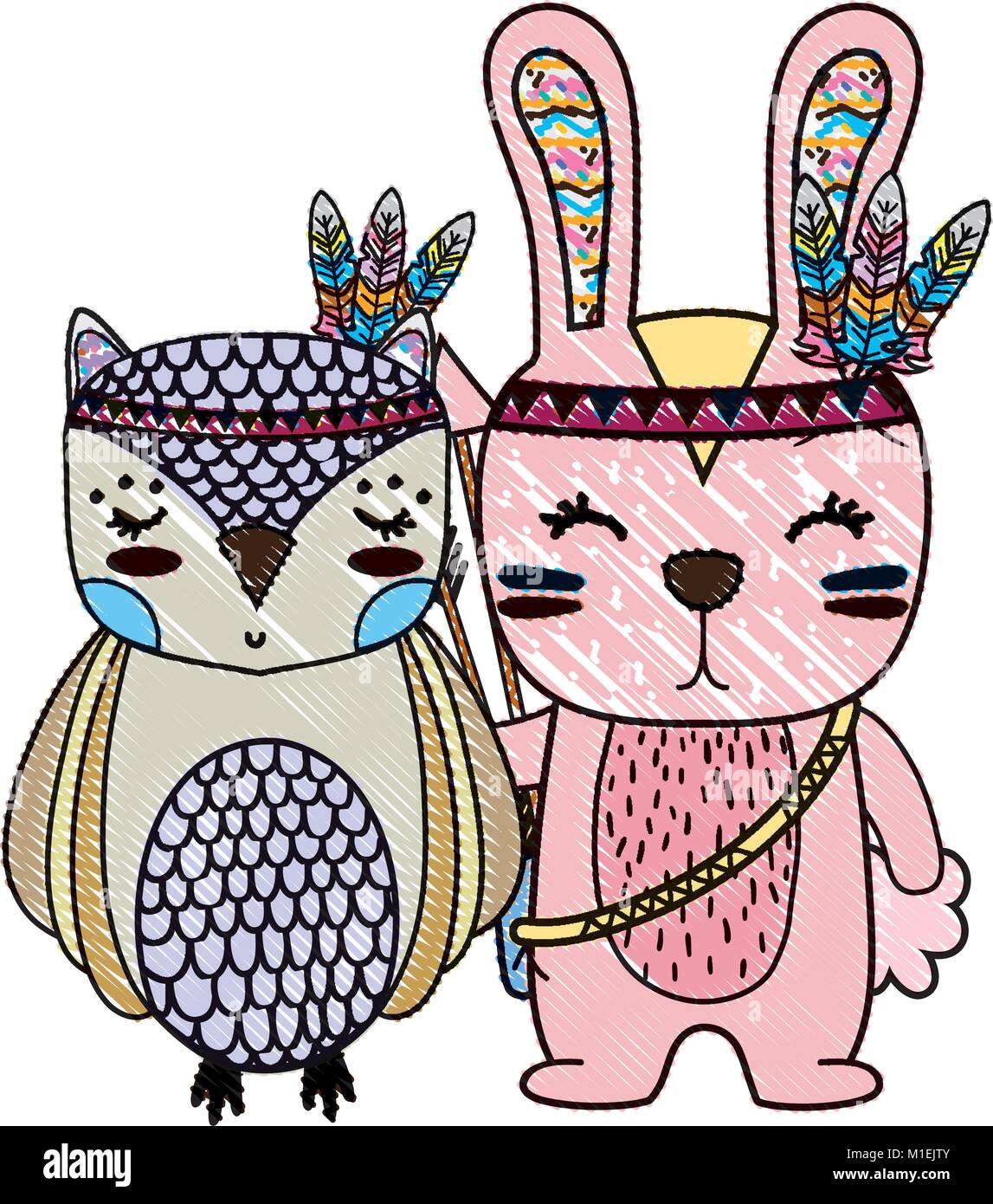 grated owl and rabbit animals with feathers design vector illustration ...