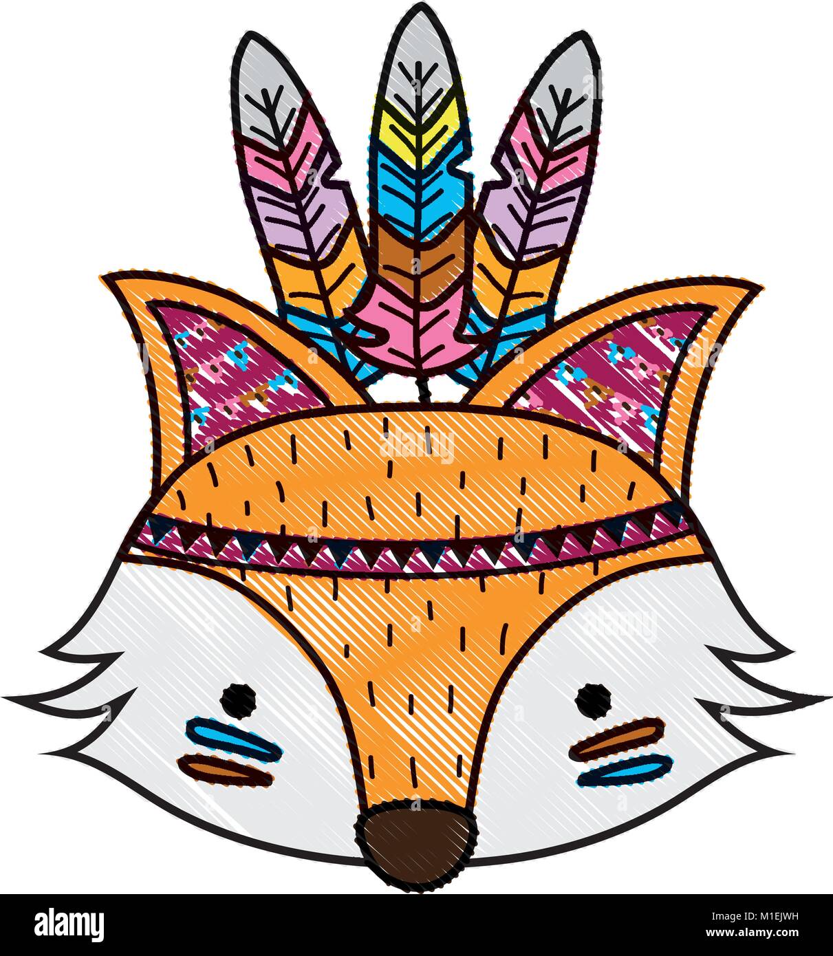 grated cute fox head animal with feathers vector illustration Stock ...