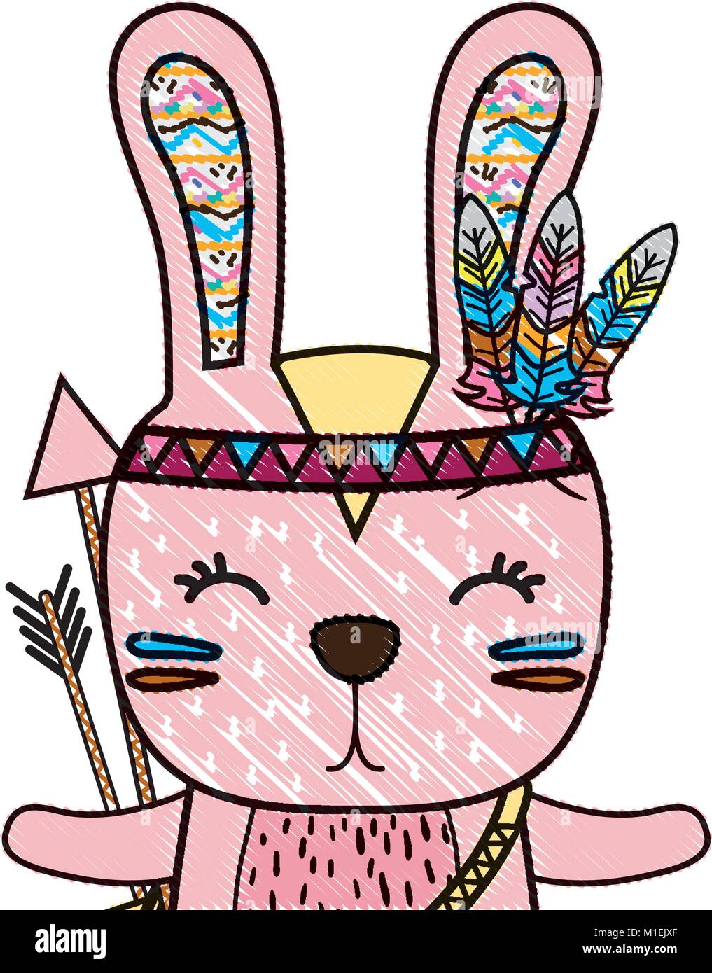 grated cute rabbit animal with arrows and feathers vector illustration ...