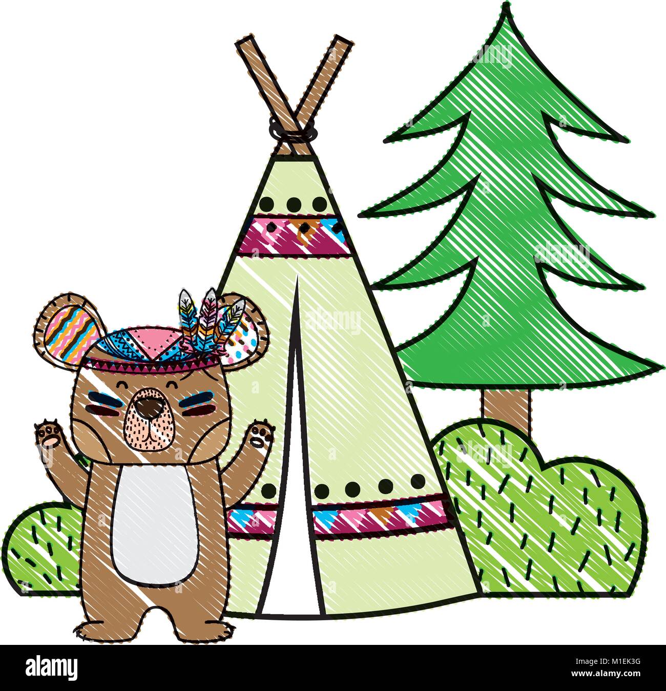 grated bear animal with camp next to bush and pine tree vector ...