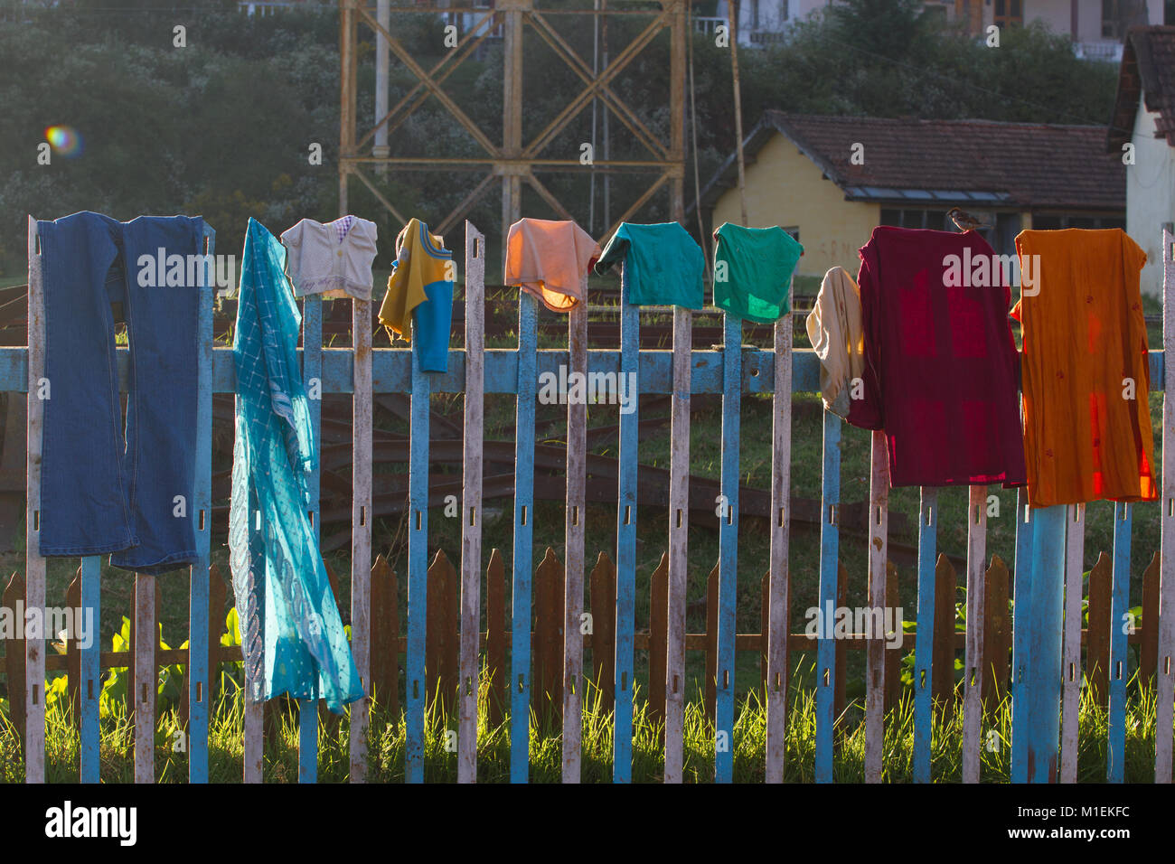 Linen hanging on the clothesline and dried Stock Photo - Alamy