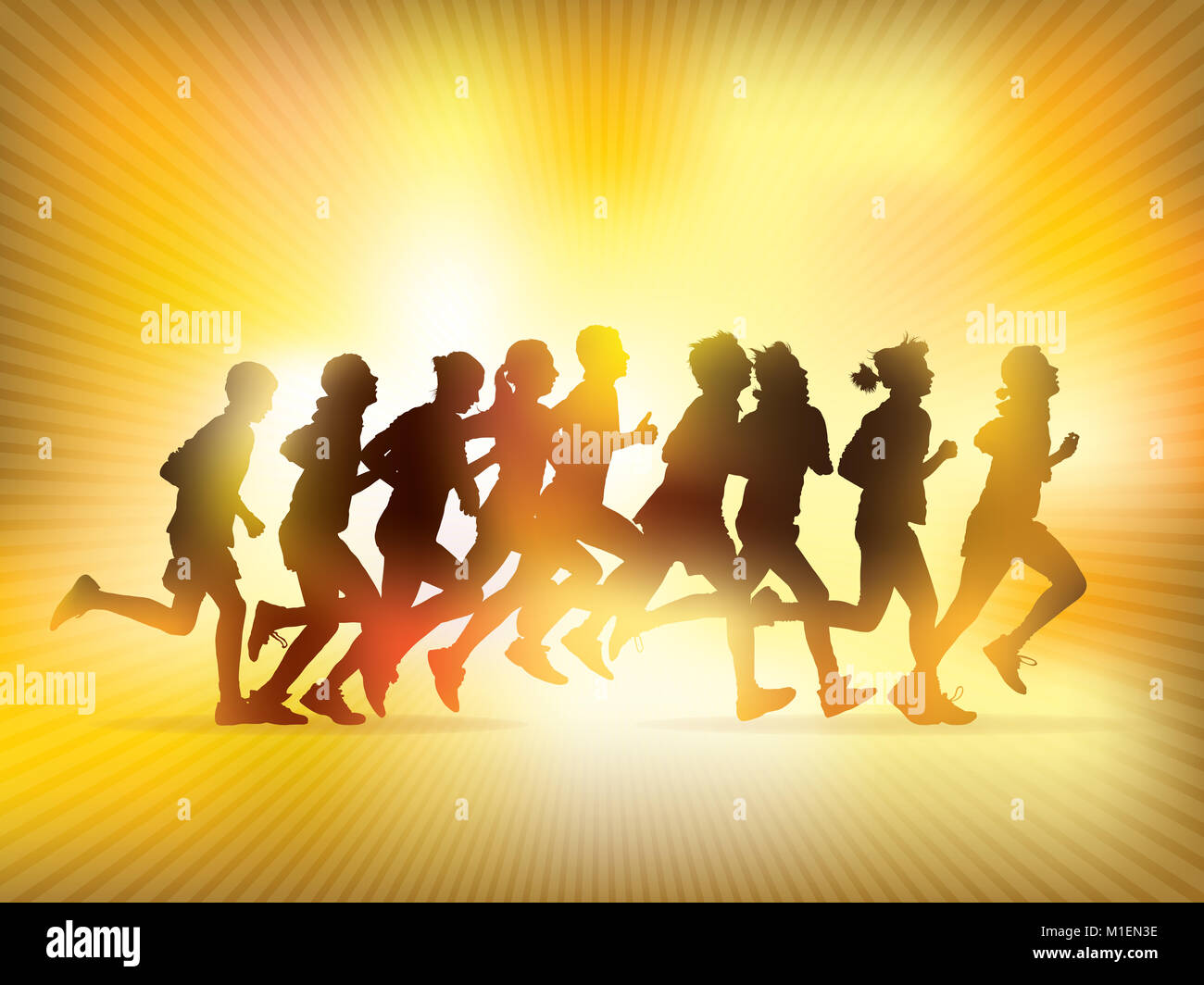 Running competition. Crowd of young people is running in the marathon ...