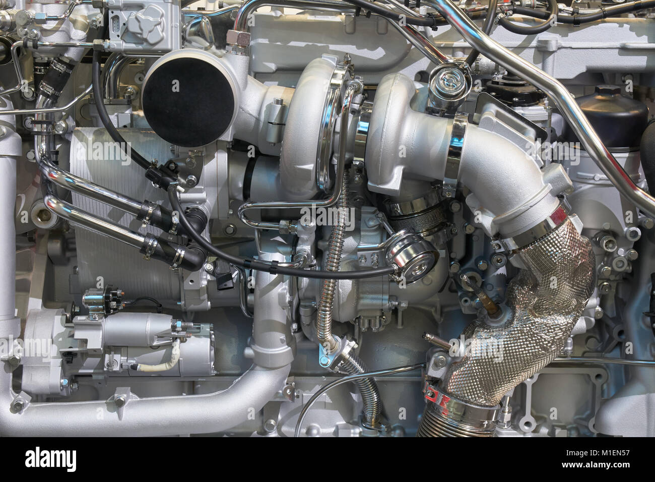 Side view of modern internal combustion engine of the truck Stock Photo ...