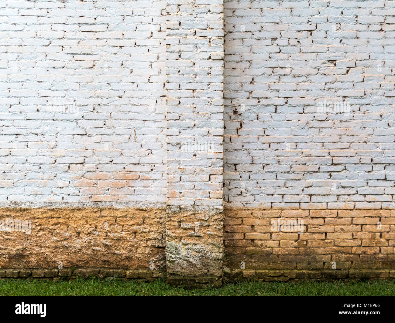 white brick wall with flood dirt mark on a farm house in brazil ...