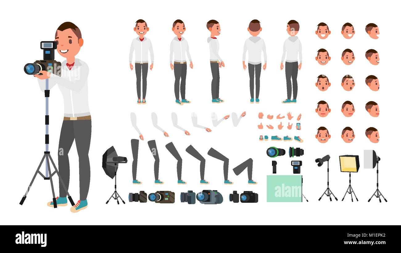 Photographer Male Vector. Animated Man Creation Set. Full Length, Front ...