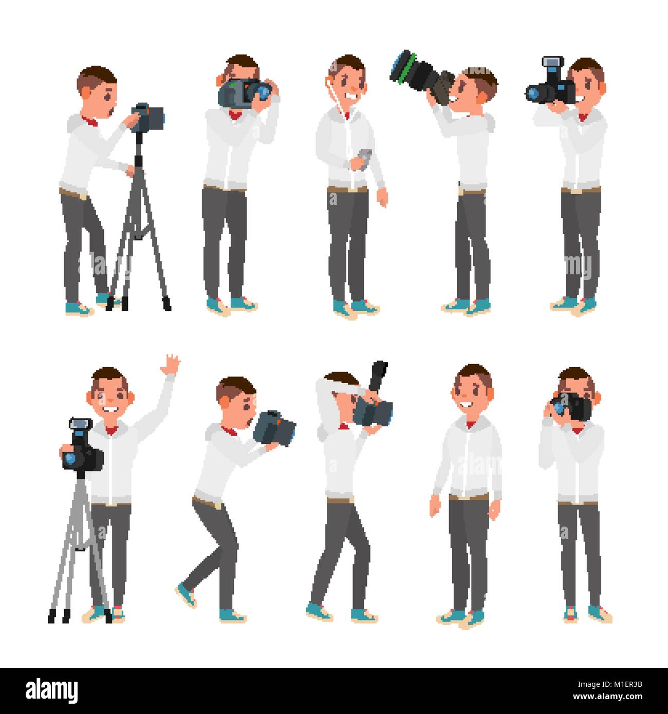 Professional Photographer Vector. Male In Different Poses. Lights And ...