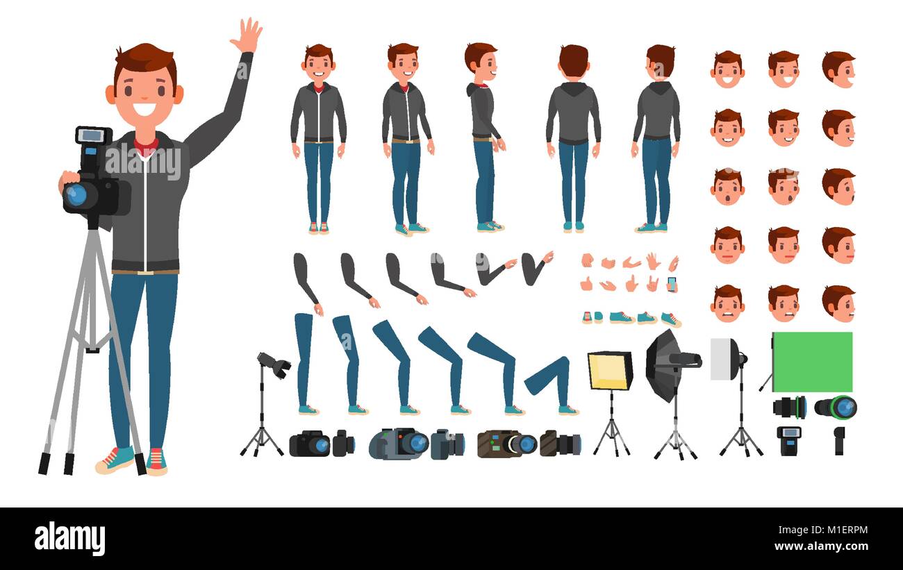 Photographer Man Vector. Taking Pictures. Animated Character Set. Full ...