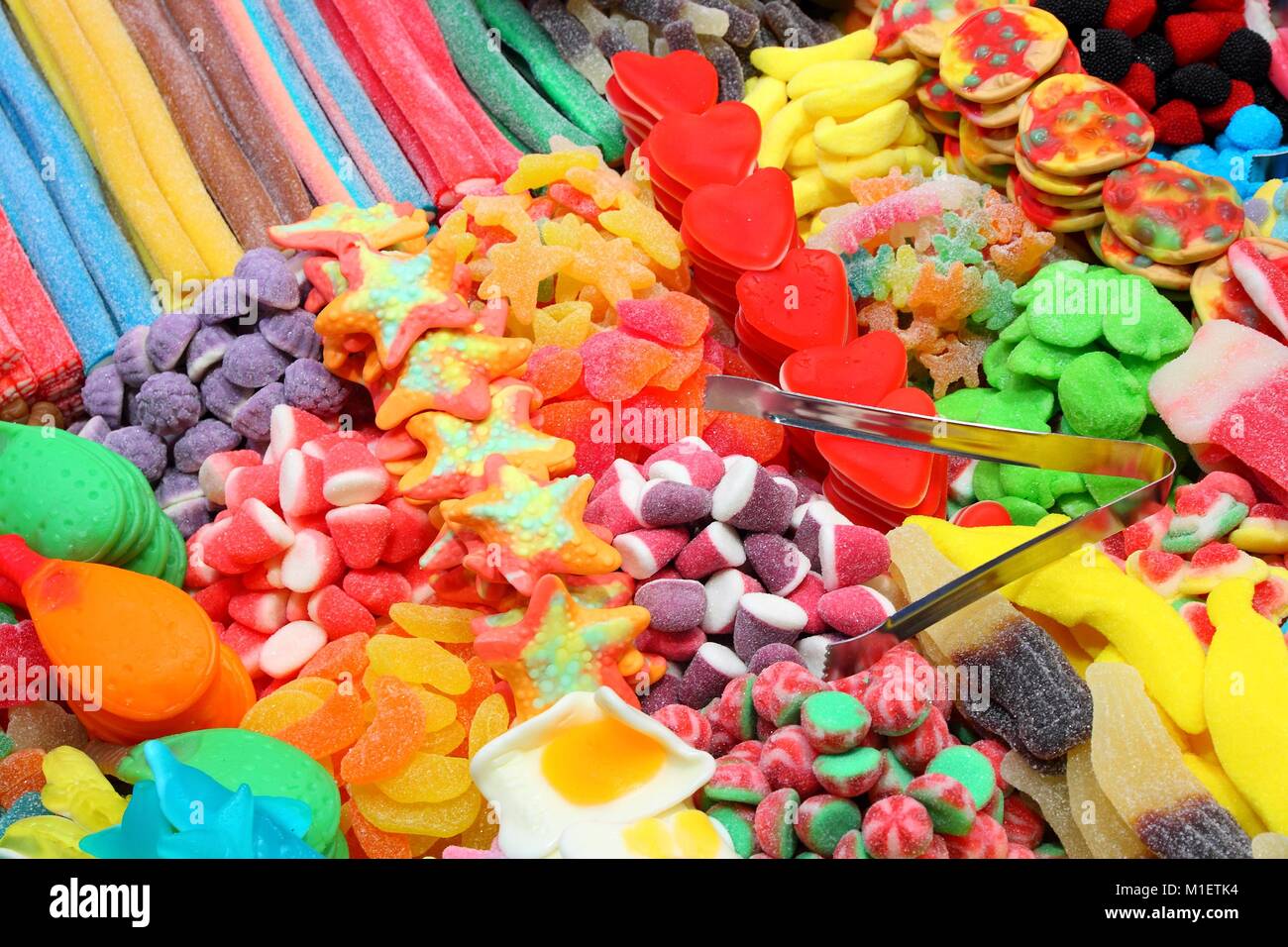 Confectionery shop at Boqueria market in Barcelona, Spain. Colorful ...
