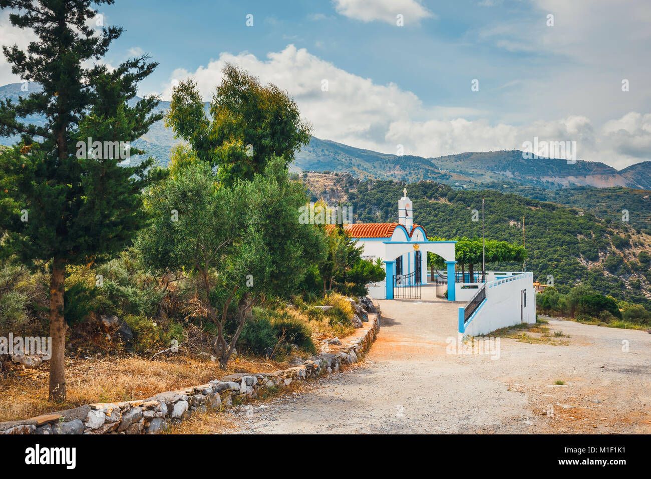 White chapel and mountains in the backgroud, Crete Island, Greece Stock ...
