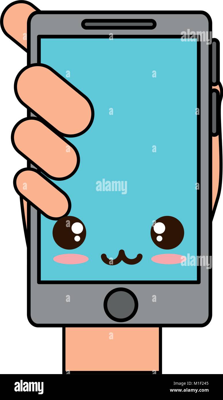smartphone device with hand human kawaii character vector illustration ...