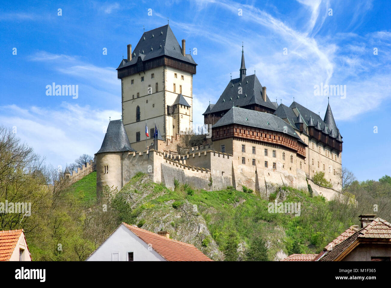 medieval gothic royal castle with ramparts Karlstejn near Prague ...