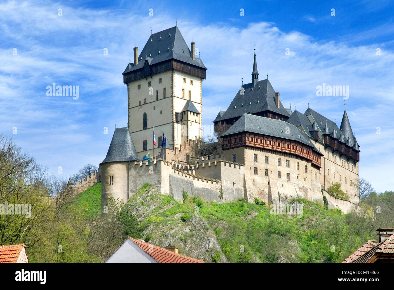 medieval gothic royal castle with ramparts Karlstejn near Prague ...