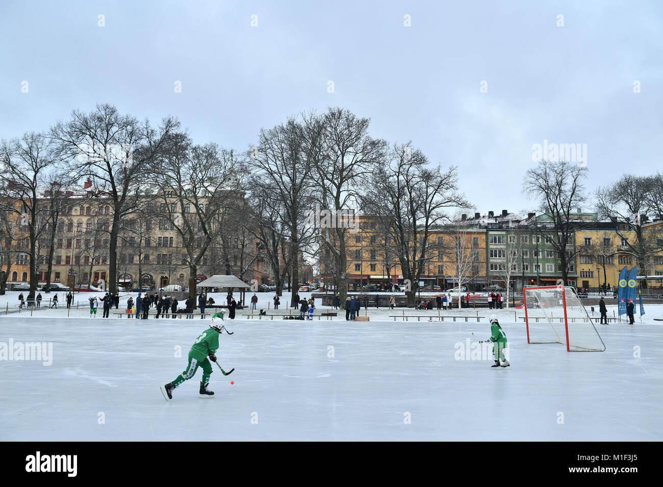 A local bandy hockey game takes place at Vasaparken in Stockholm ahead ...