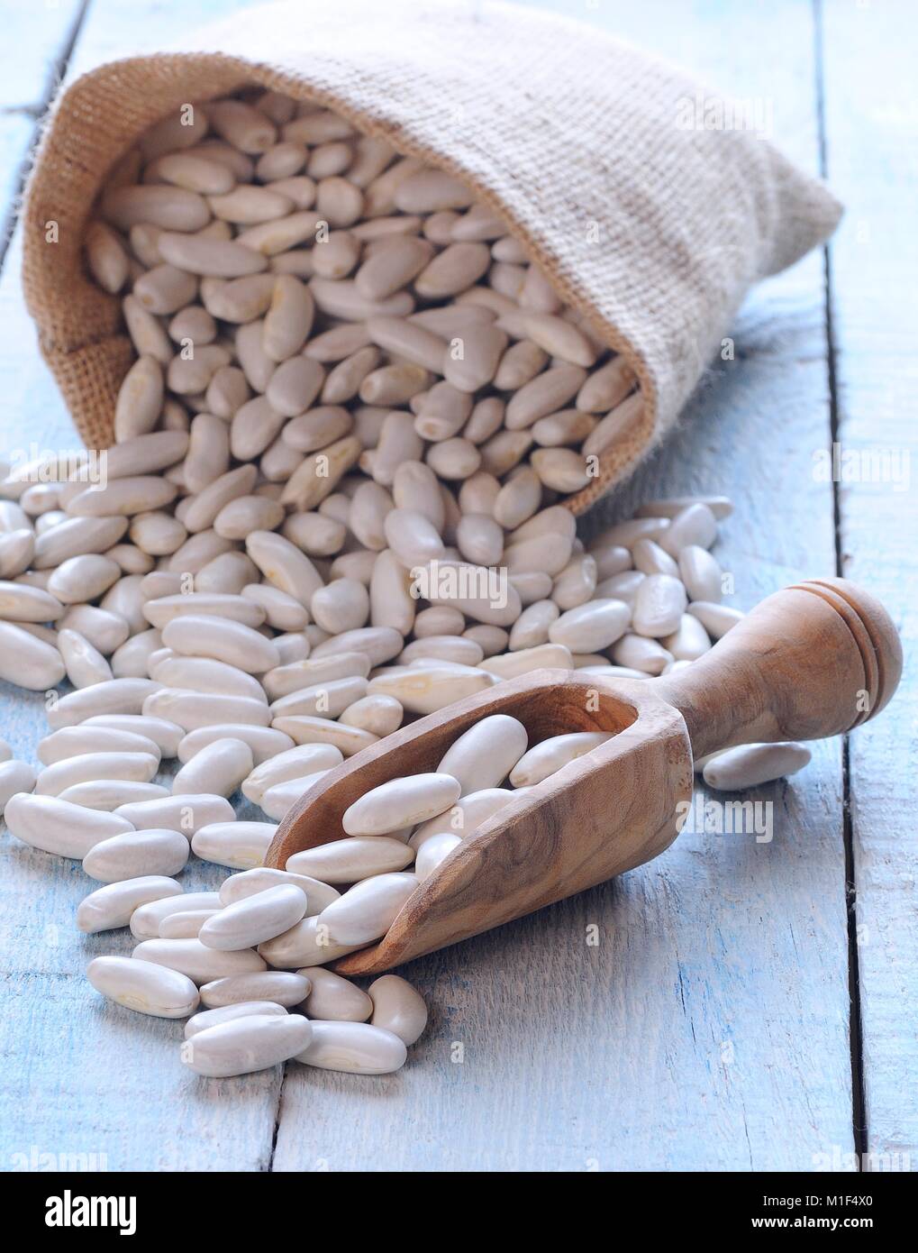 White Beans on the kitchen table for Asturian bean stew Stock Photo - Alamy