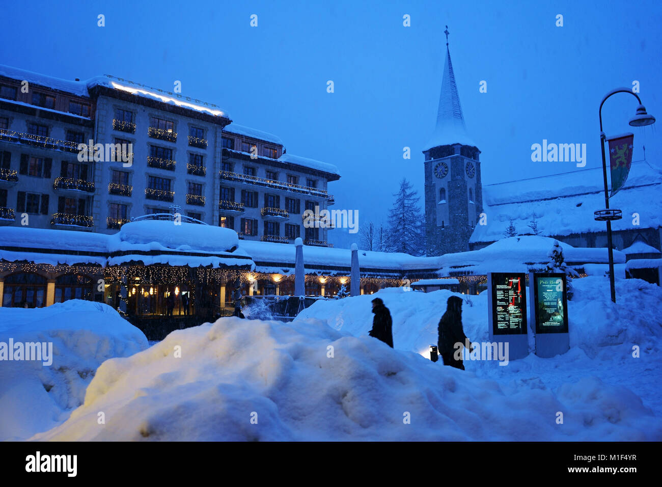 Downtown Zermatt in winter snowing record snowfall, Church and Grand ...