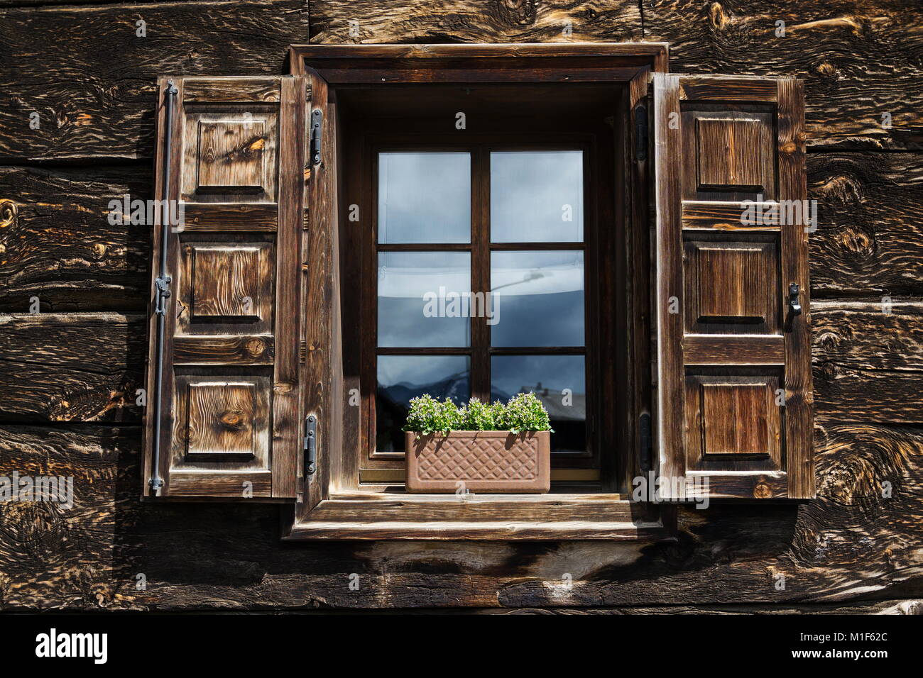 Beautiful open wooden window shutter with flowers reflecting blue sky ...