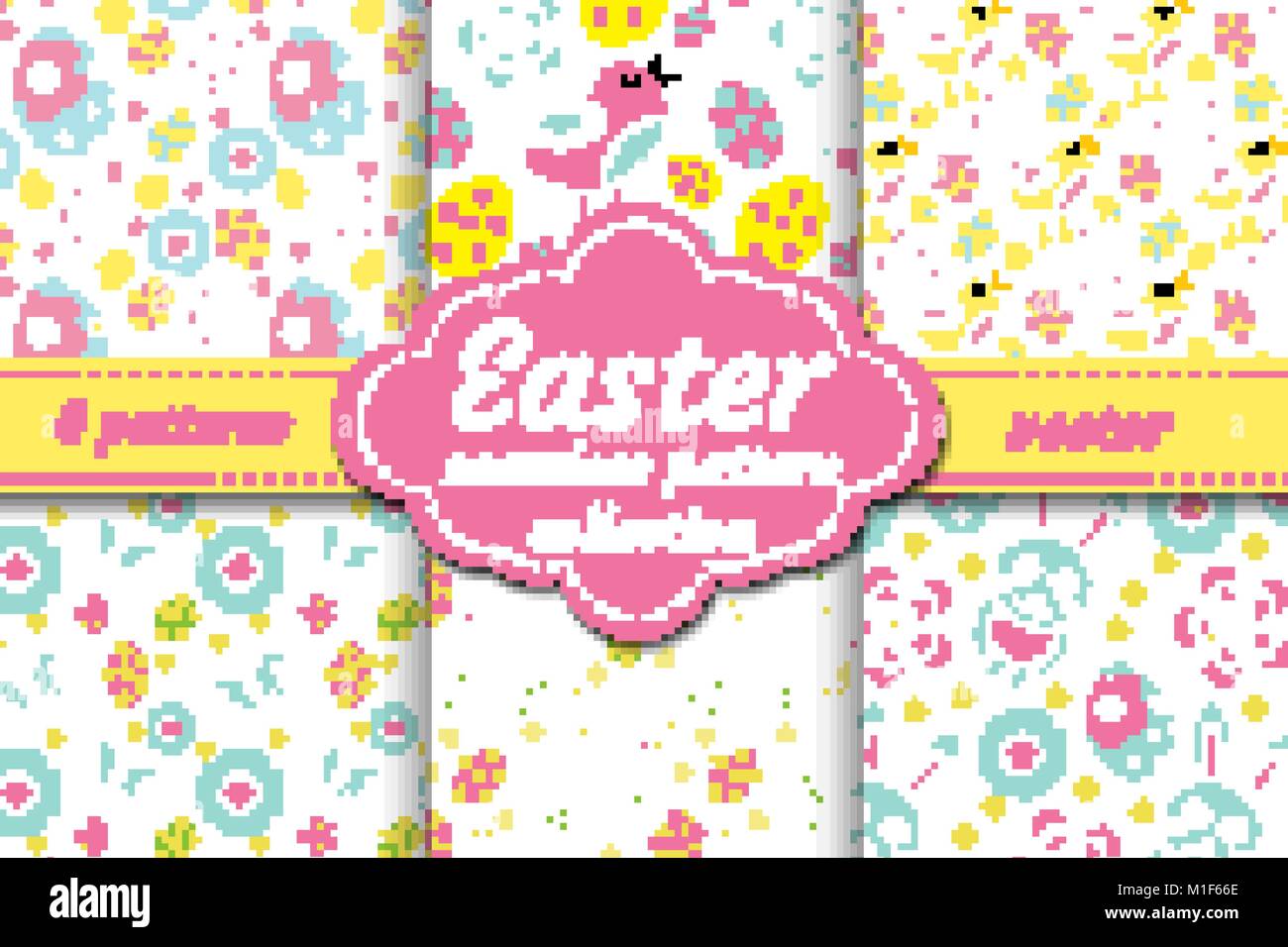 Cute easter seamless pattern set with nestling, rabbit, eggs, flowers. Spring collection ...