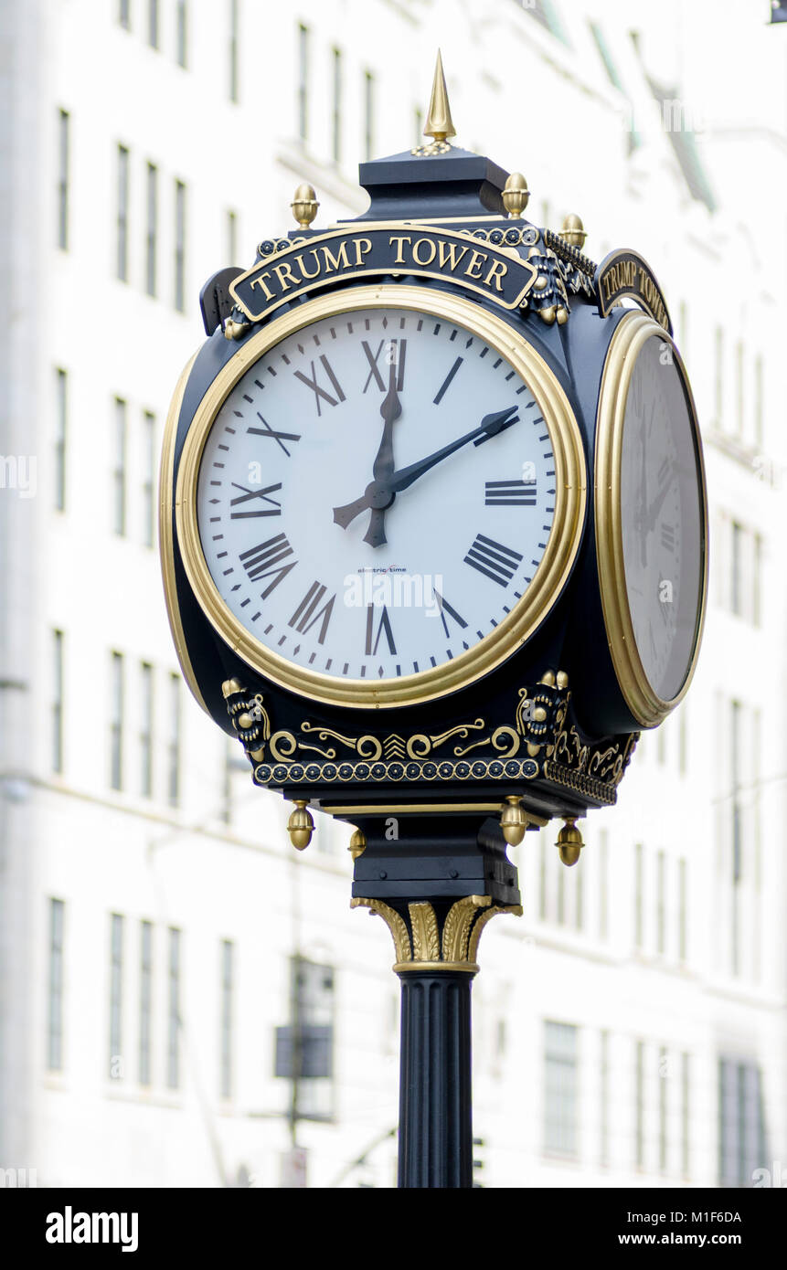 Trump Tower. Clock on Manhattan's Fifth Avenue outside the President's ...