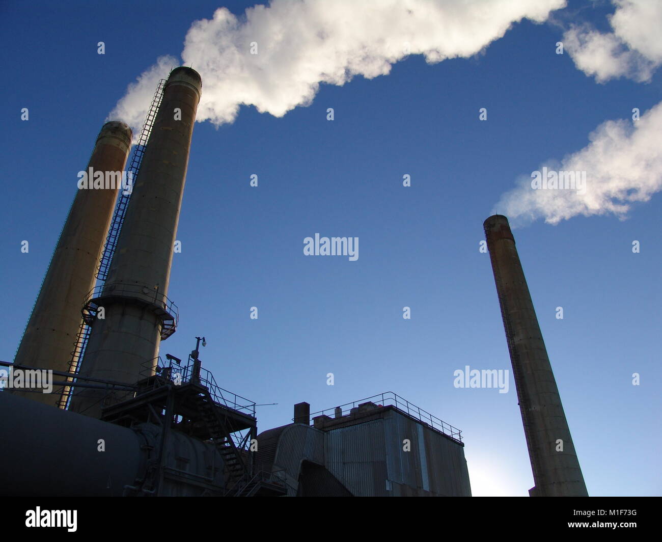 Climate change, global warming. Factory, chimney, smoke, steam, CO2 ...
