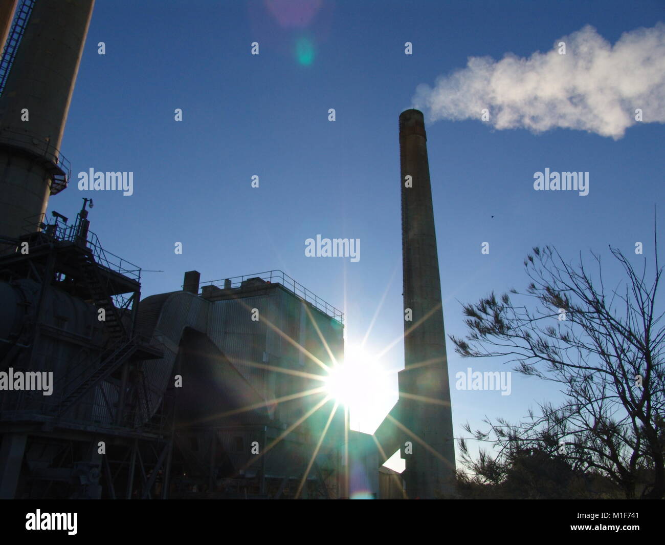 Climate change, global warming. Factory, chimney, smoke, steam, CO2 ...