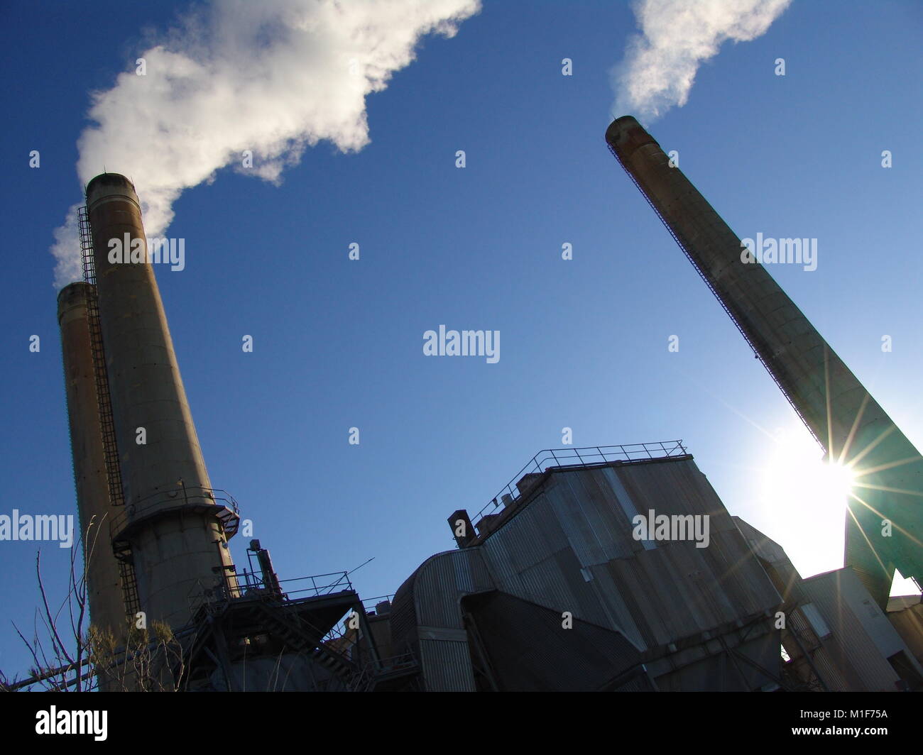 Climate change, global warming. Factory, chimney, smoke, steam, CO2 ...