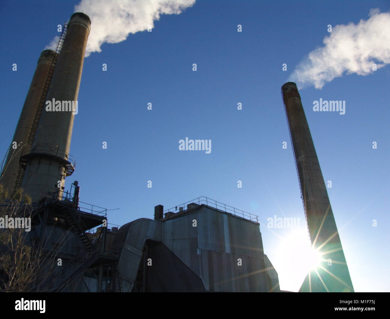 Climate change, global warming. Factory, chimney, smoke, steam, CO2 ...