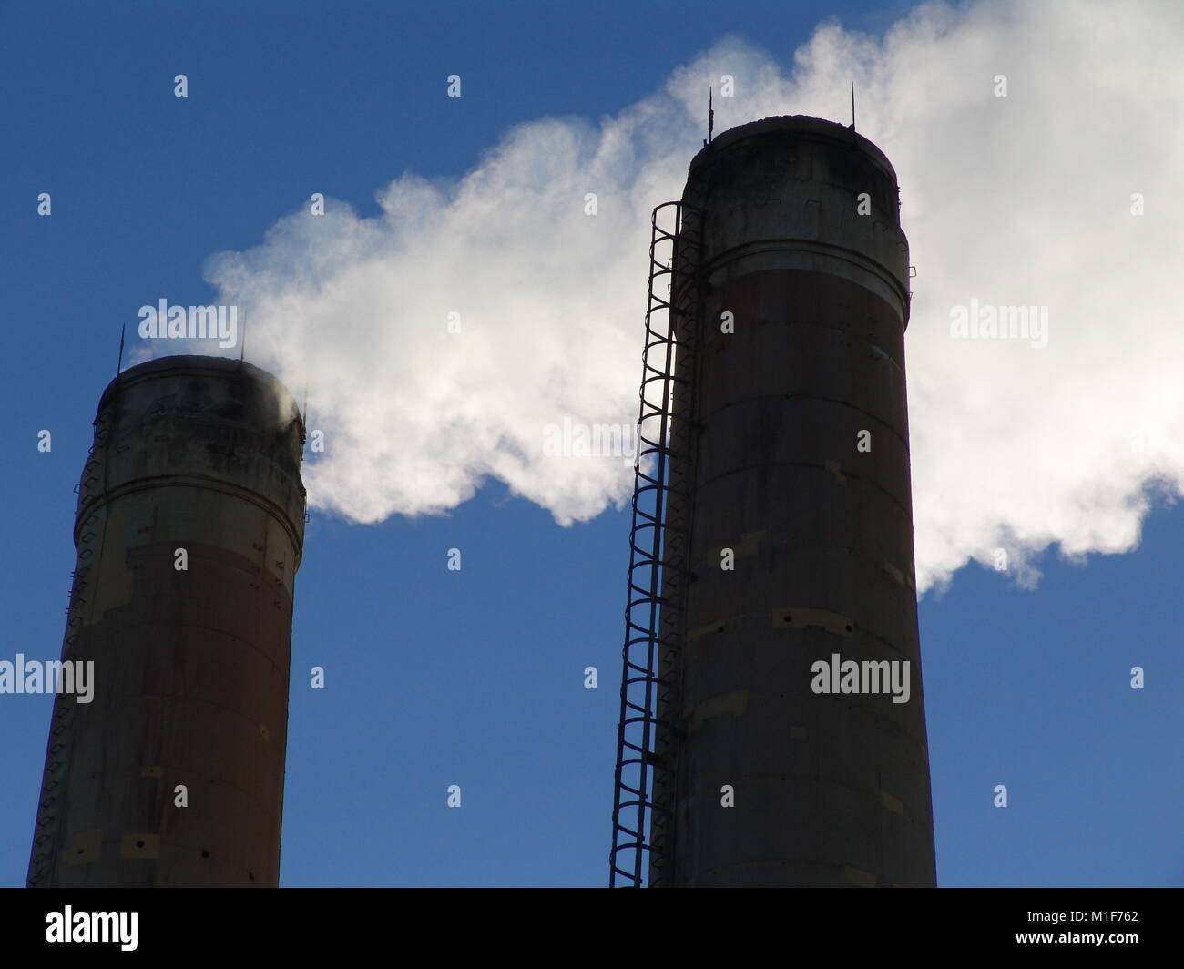 Climate change, global warming. Factory, chimney, smoke, steam, CO2 ...