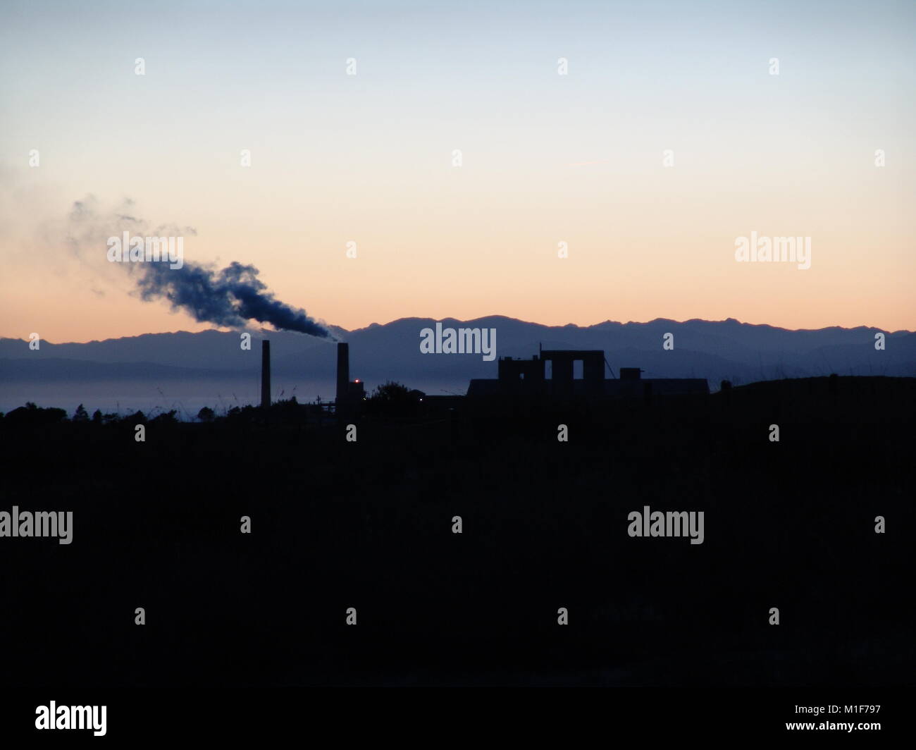 Climate change, global warming. Factory, chimney, smoke, steam, CO2 ...