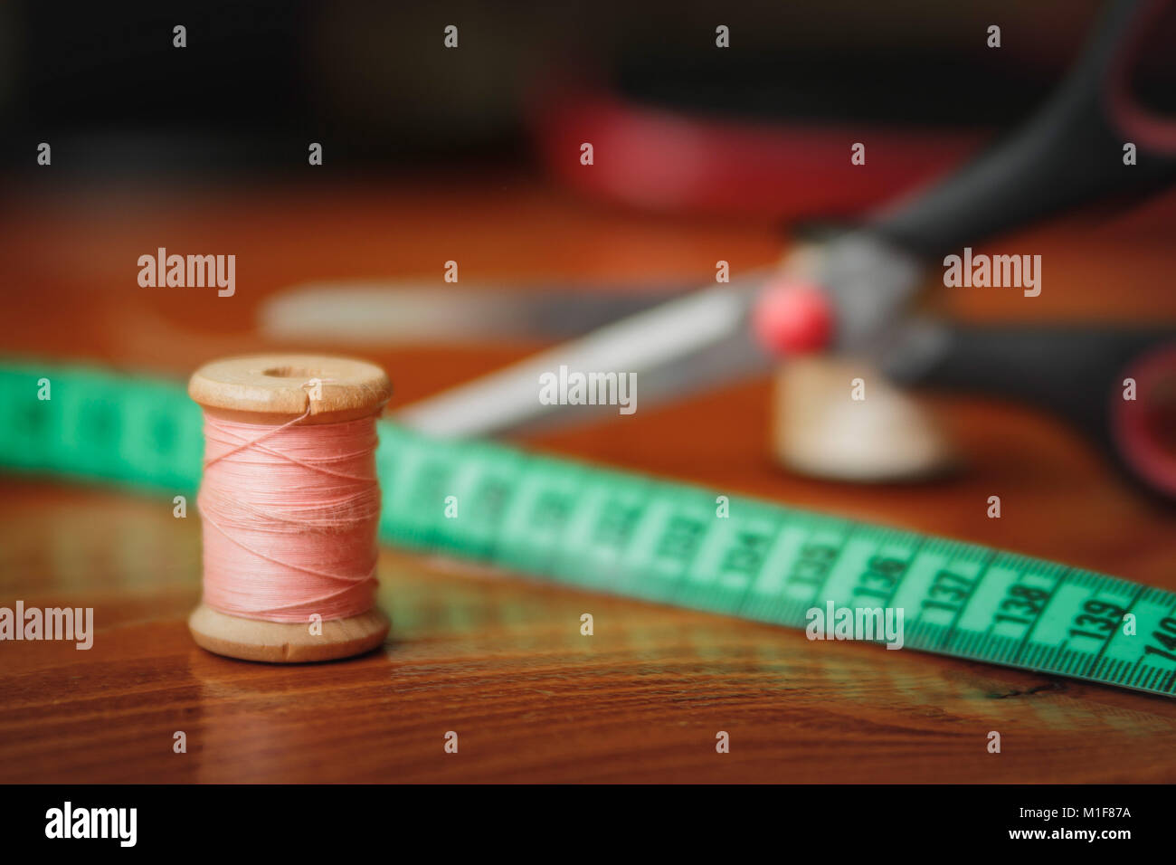 Clothing accessories,thread, scissors and measuring tape Stock Photo ...