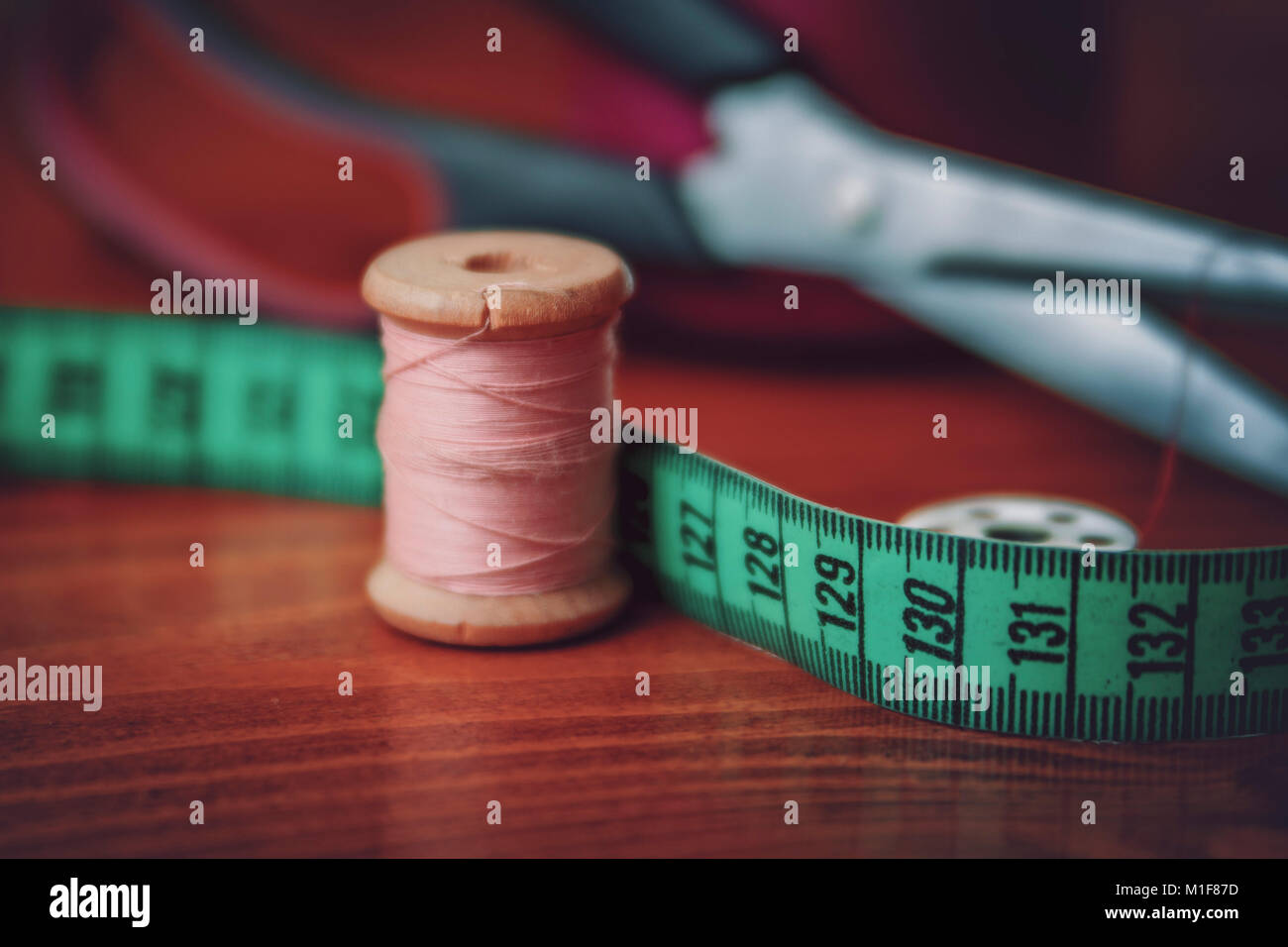 Clothing accessories,thread, scissors and measuring tape Stock Photo ...