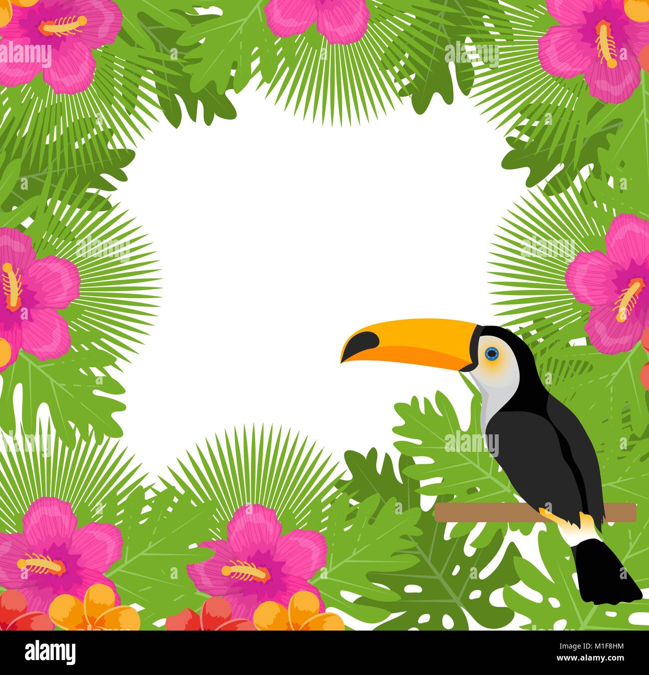 Tropical frame with flowers, plants and bird toucan. Summer floral ...
