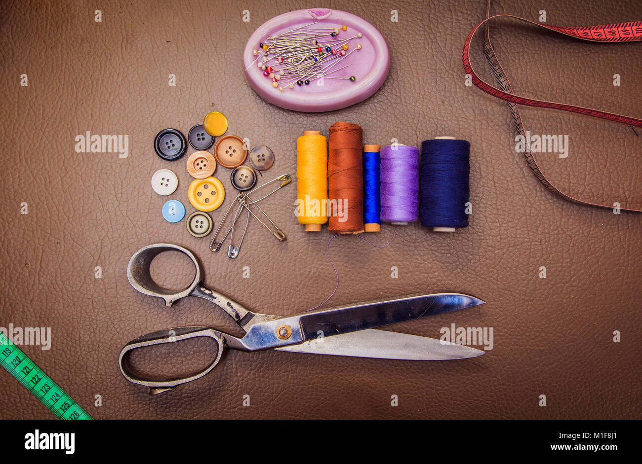 Clothing accessories,thread, scissors and measuring tape Stock Photo ...