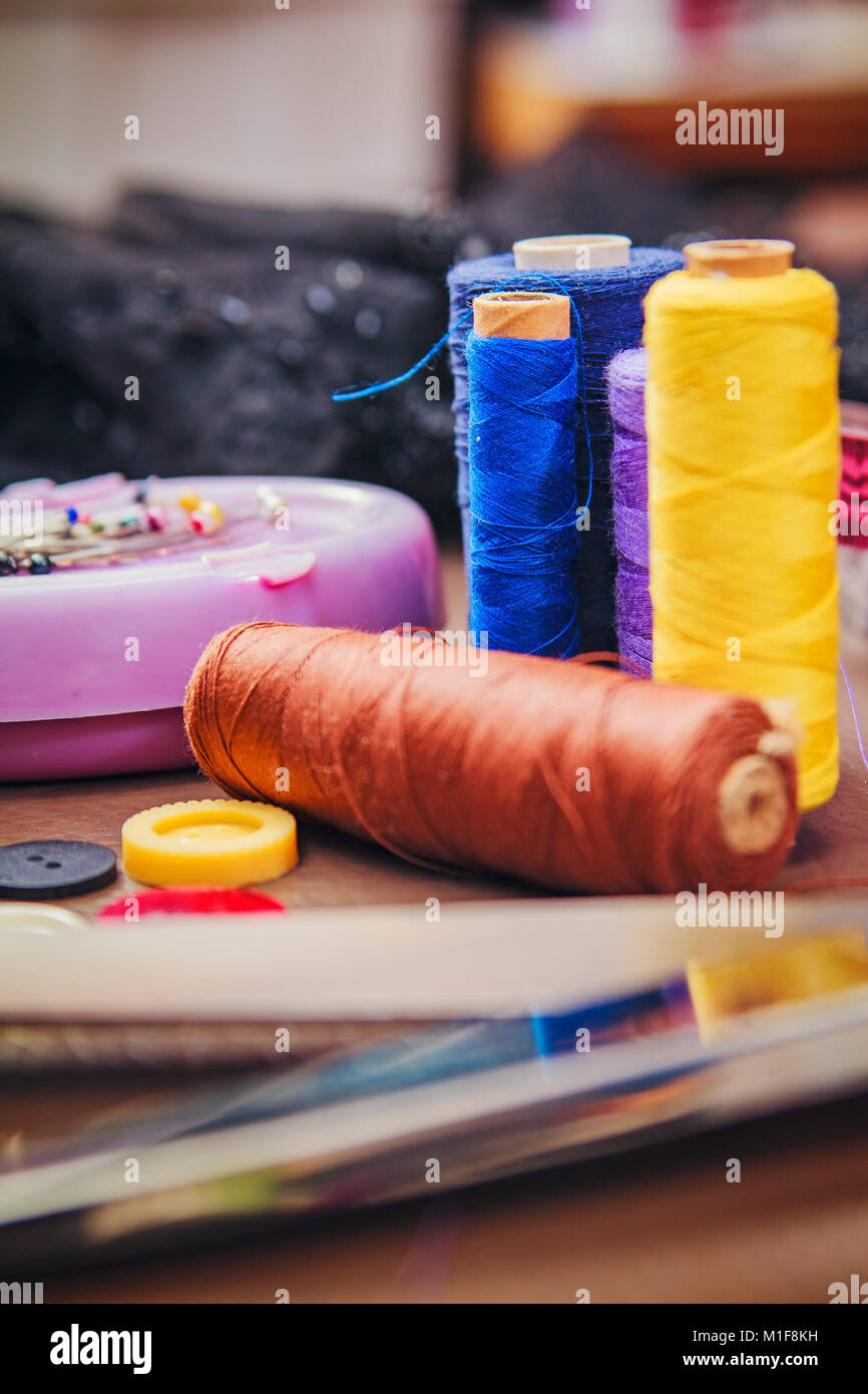Clothing accessories,thread, scissors and measuring tape Stock Photo ...