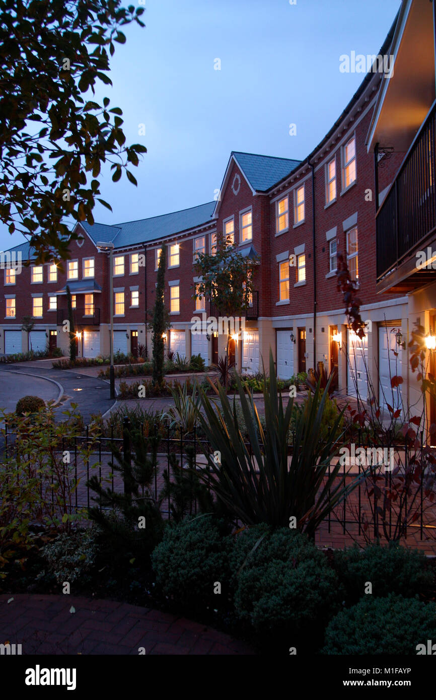 Modern town house terrace property development night shot Stock Photo ...