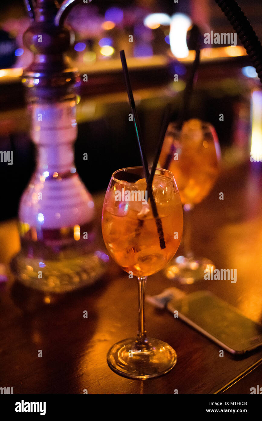 Alcohol bar, cocktail glass on bar counter, cocktail glass in a bar ...