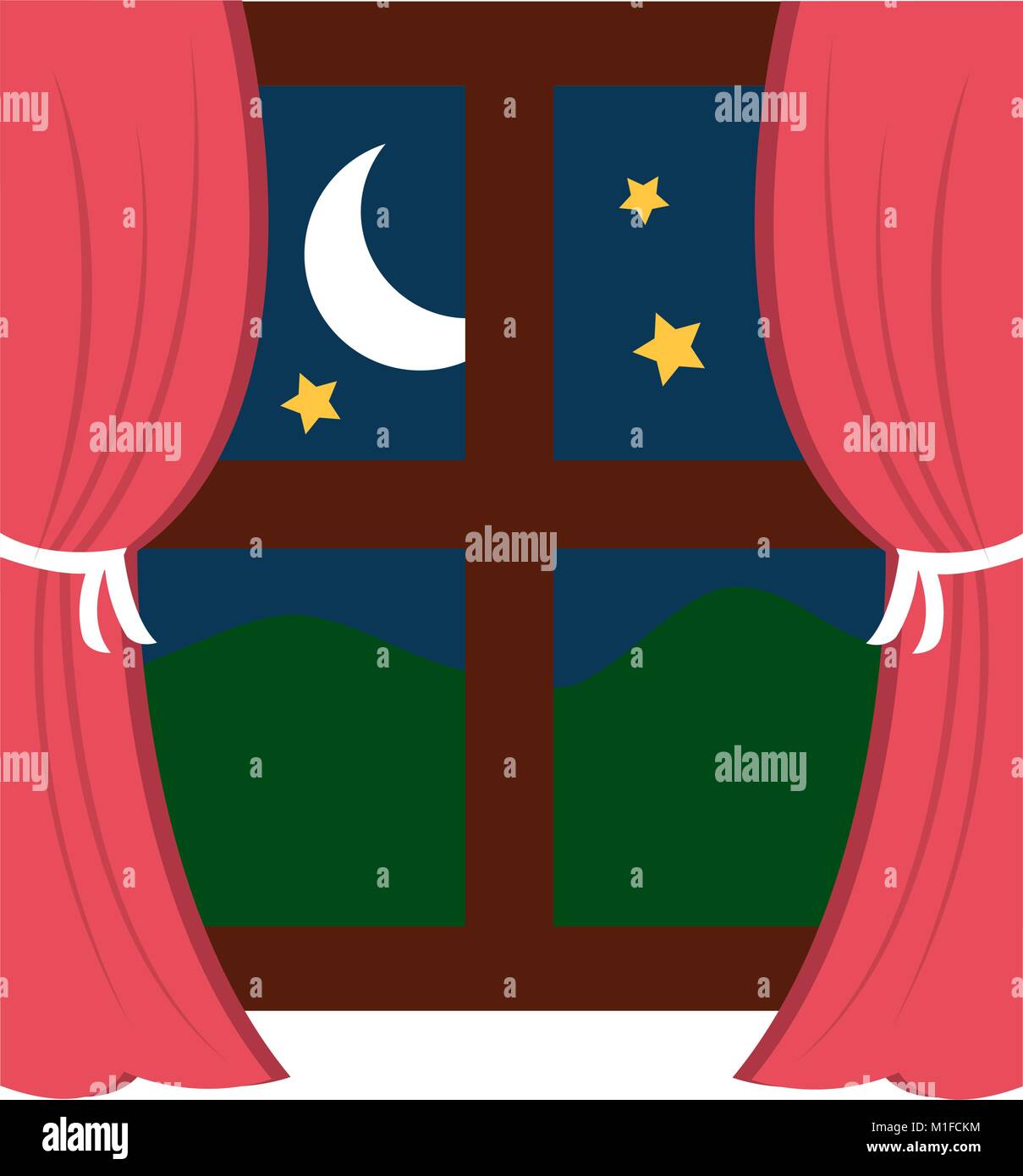 wooden window frame with curtains and mountains moon stars Stock Vector ...