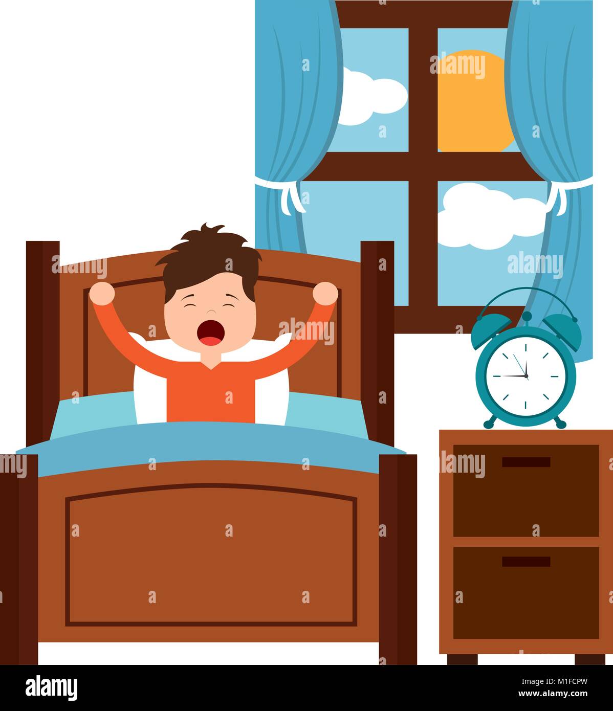 boy wake up stretching in wooden bed room bedside table clock window ...