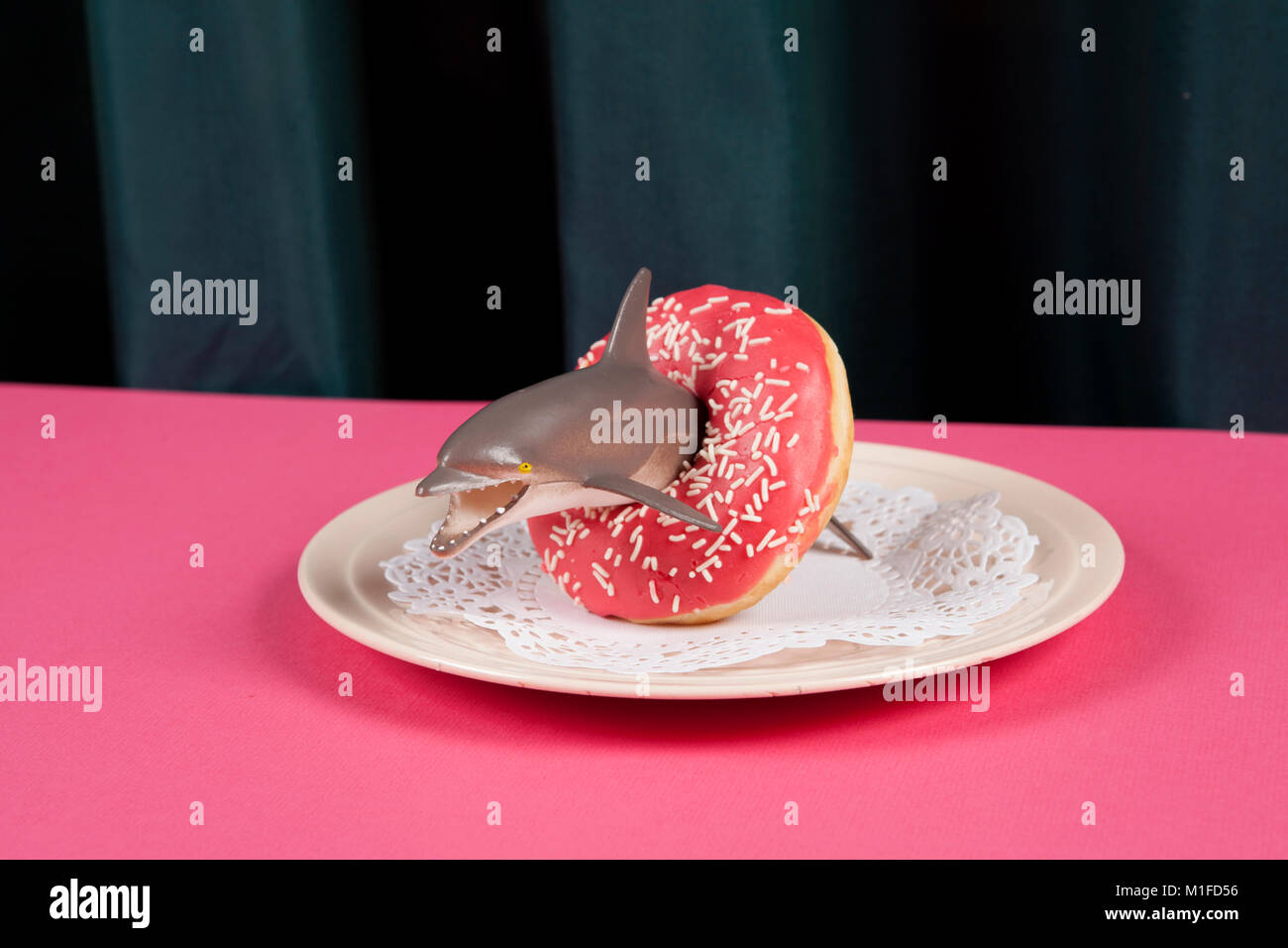 a dolphin plastic toy inside a donut symbolizing a buoy on a vibrant ...