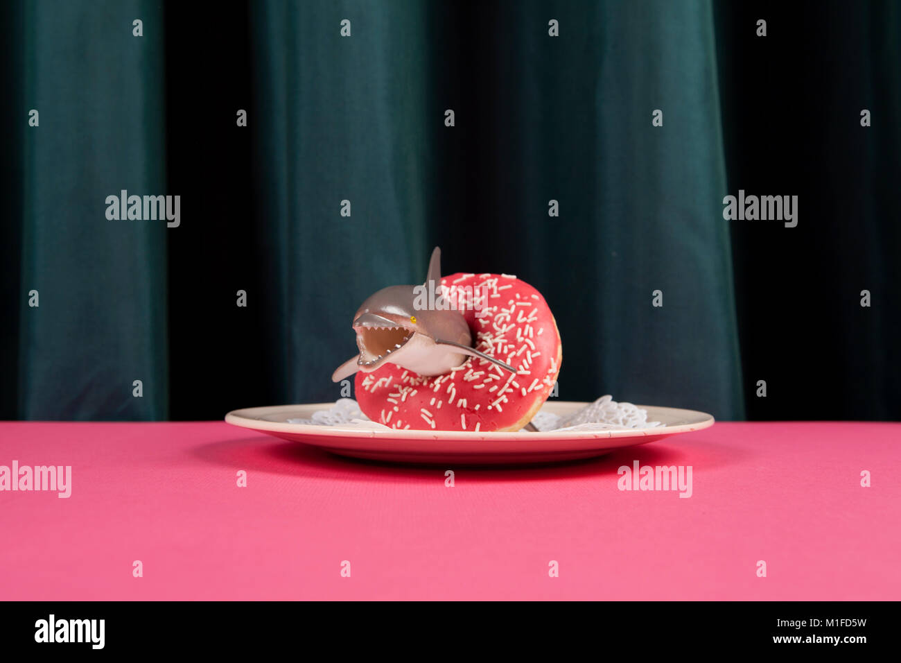 a dolphin plastic toy inside a donut symbolizing a buoy on a vibrant ...