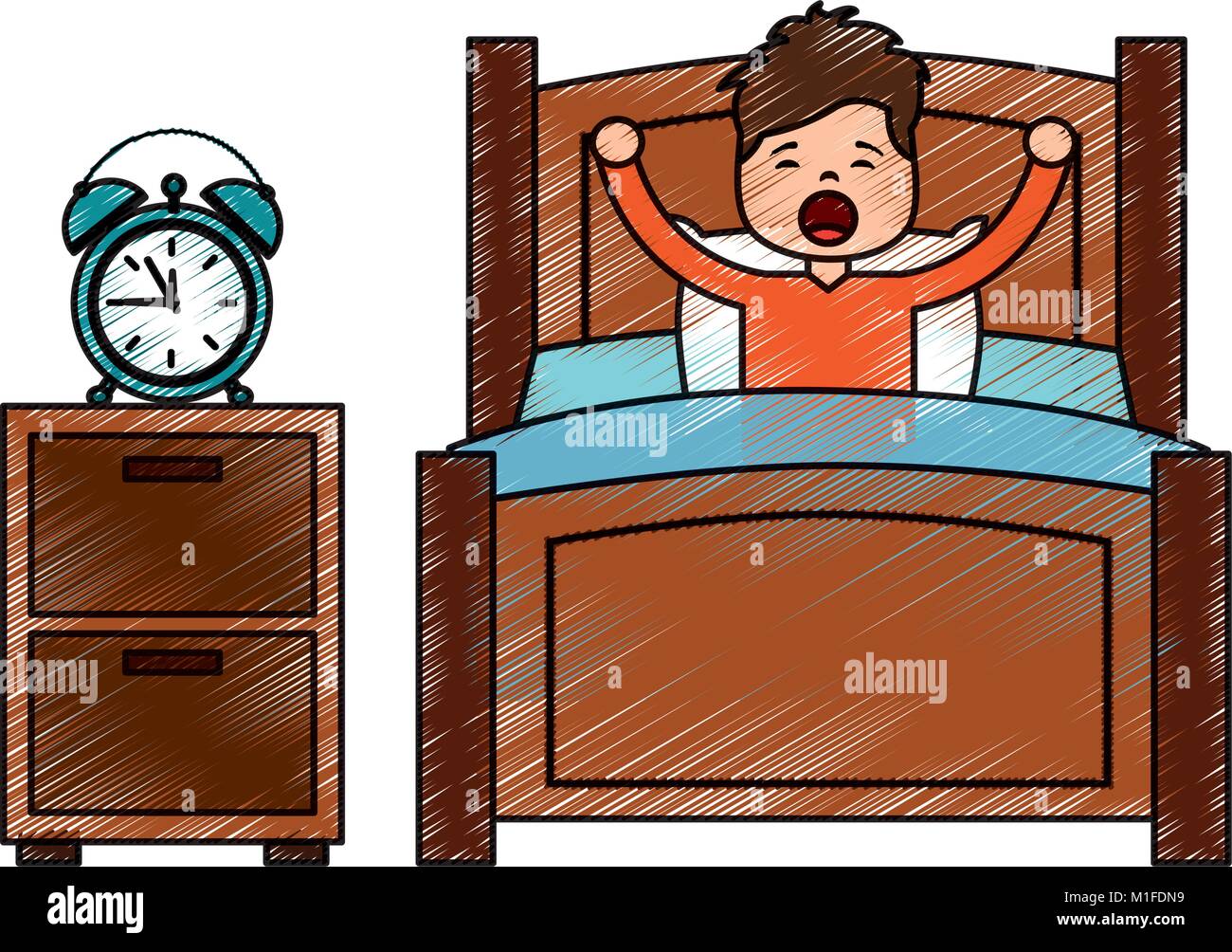 boy wake up stretching in wooden bed with bedside table clock Stock ...