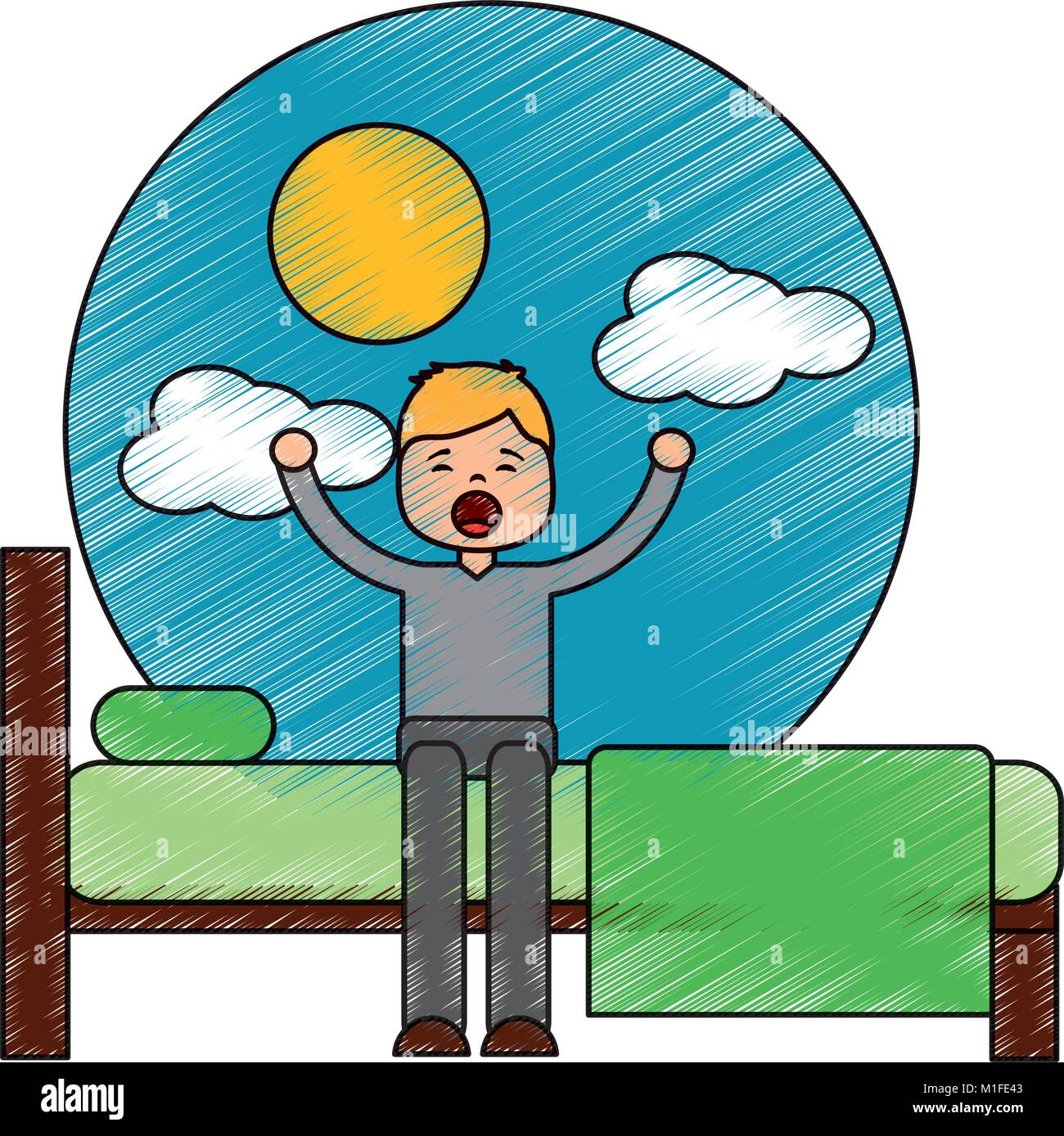 young man waking up sitting on bed Stock Vector Image & Art - Alamy