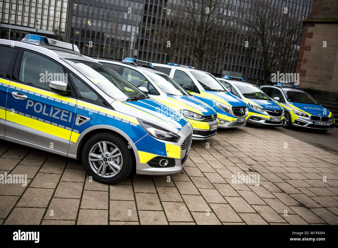 Duesseldorf, Germany. 30th Jan, 2018. Police patrol cars of the types ...
