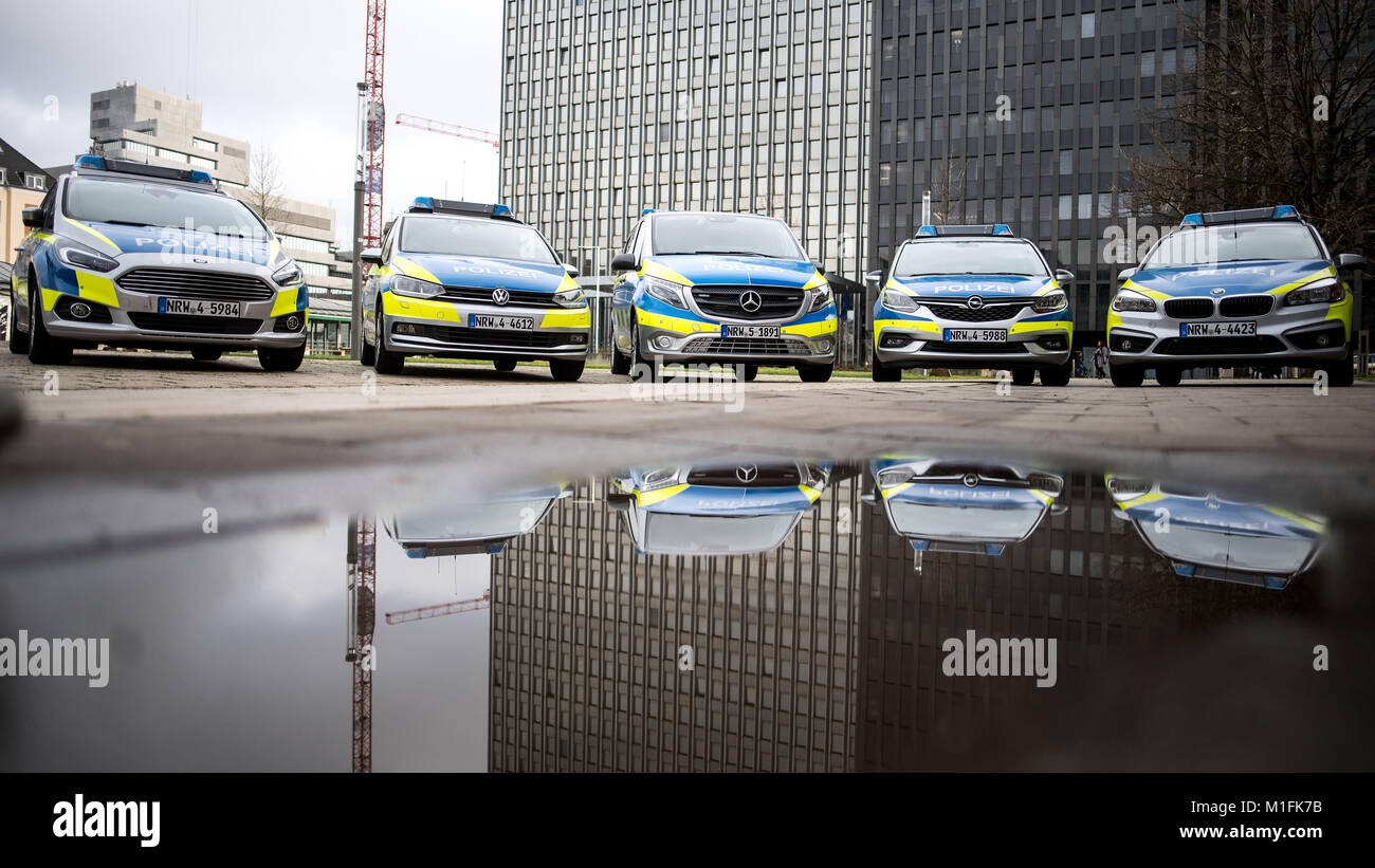 Duesseldorf, Germany. 30th Jan, 2018. Police patrol cars of the types ...