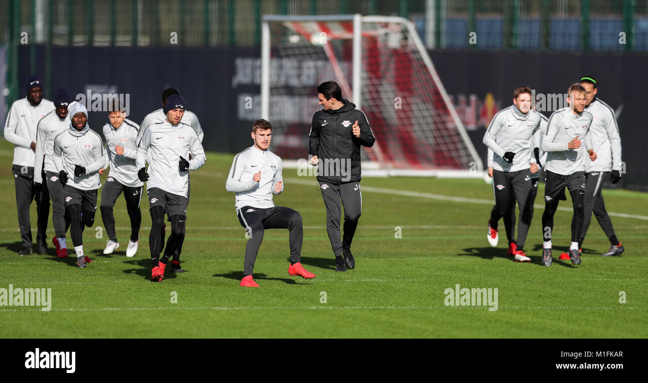 Leipzig, Germany. 30th Jan, 2018. Leipzig players around Timo Werner ...