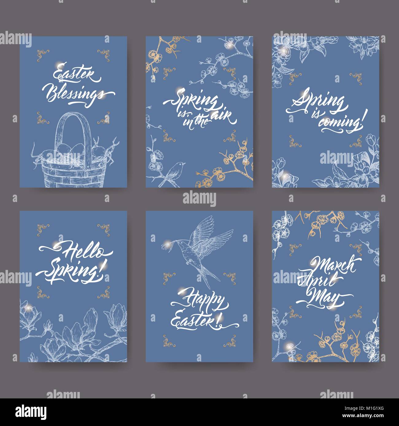 Set of 6 Easter and spring related greeting cards with hand drawn ...