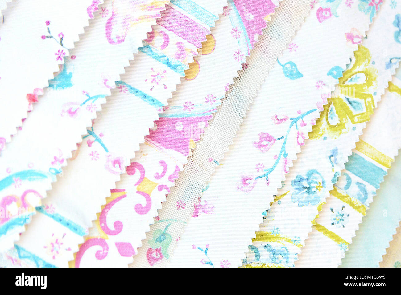 Some printed fabric samples in a collection. Diagonal composition ...