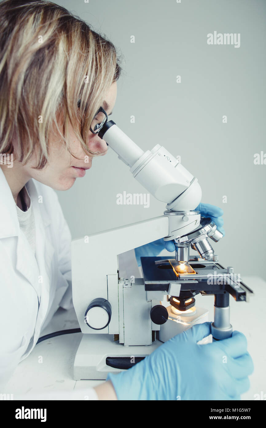 Close up of examining of test sample under the microscope in laboratory ...
