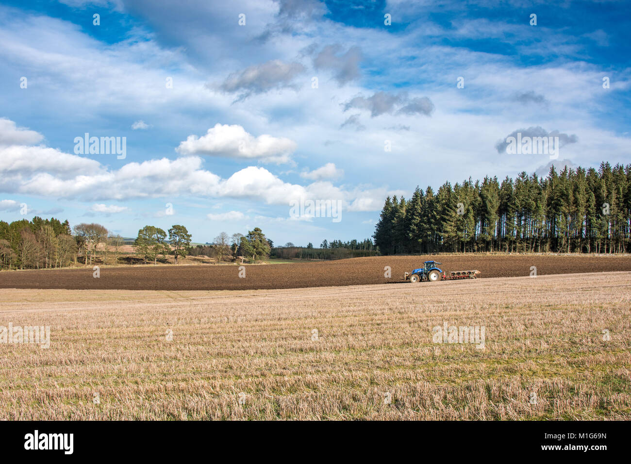 A tractor ploughing on the Haddo Estate in rural Aberdeenshire ...